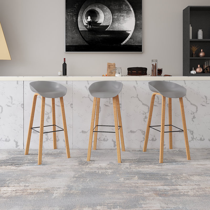 L Shaped Plastic Bar Stool w Veneer Metal Legs Footrest for Kitchen Dining Room Breakfast Nooks